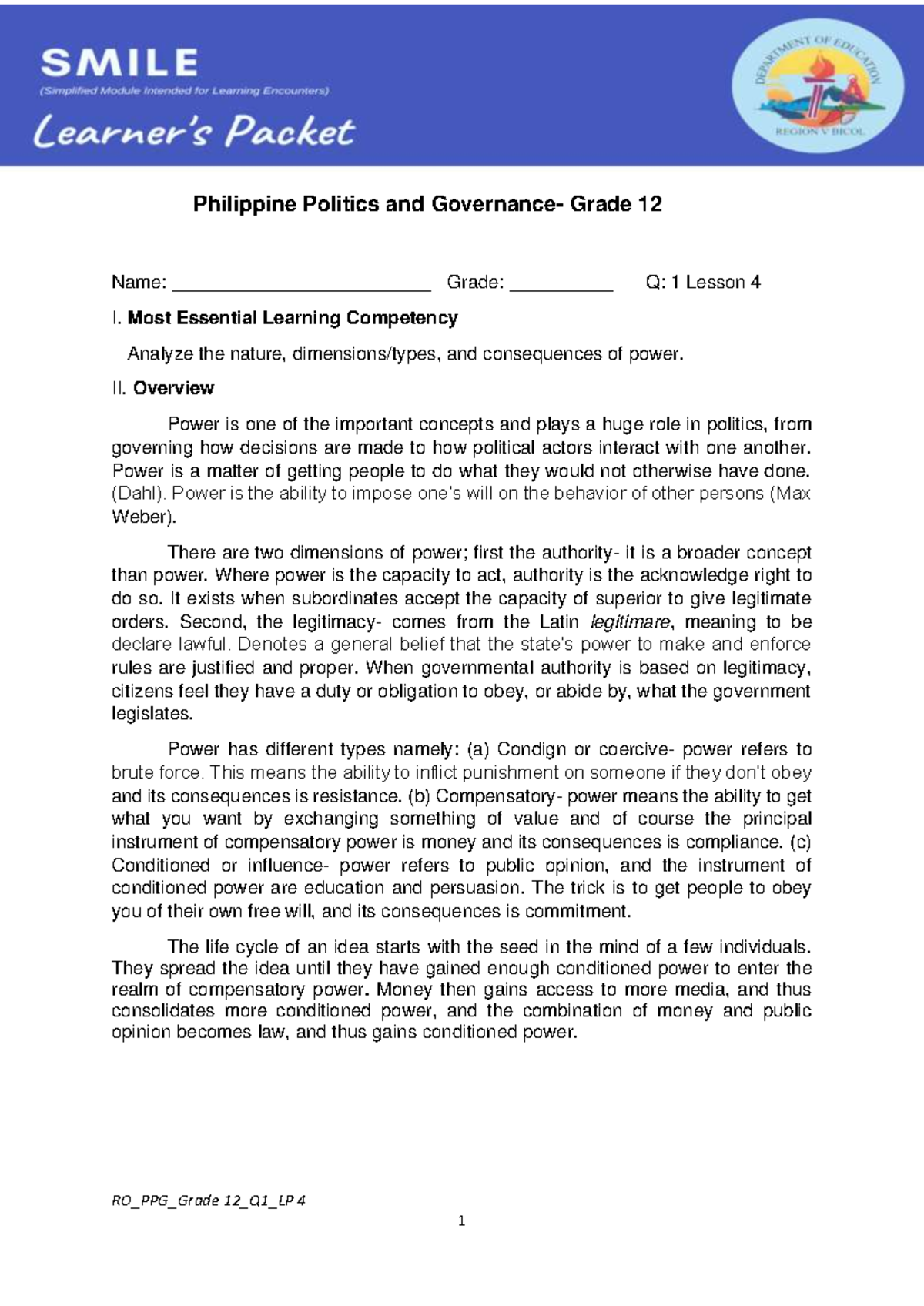 SHS PPG 12 1st Sem Lesson 4: Analyzing Power in Politics - Studocu