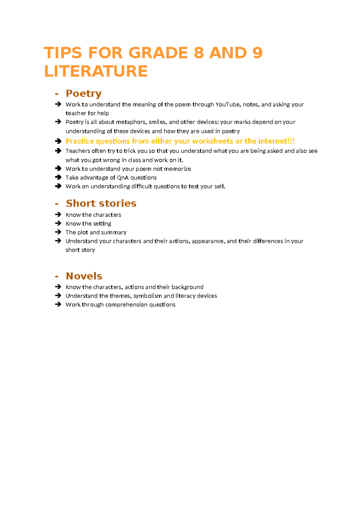 TIPS FOR GRADE 8 & 9 LITERATURE: Poetry, Short Stories & Novels - Studocu