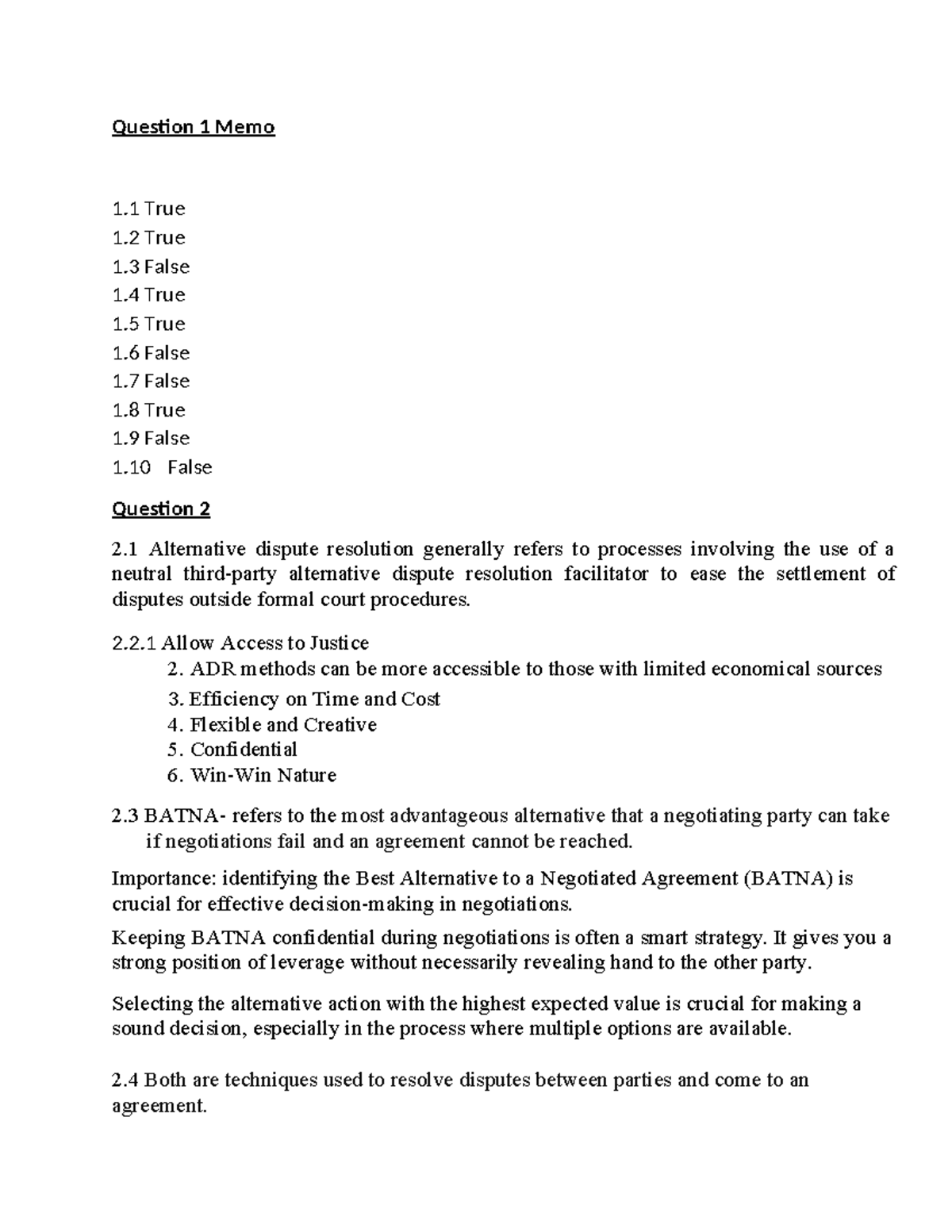 Question 1 Memo - ADR and Conflict Resolution Test Notes - Studocu