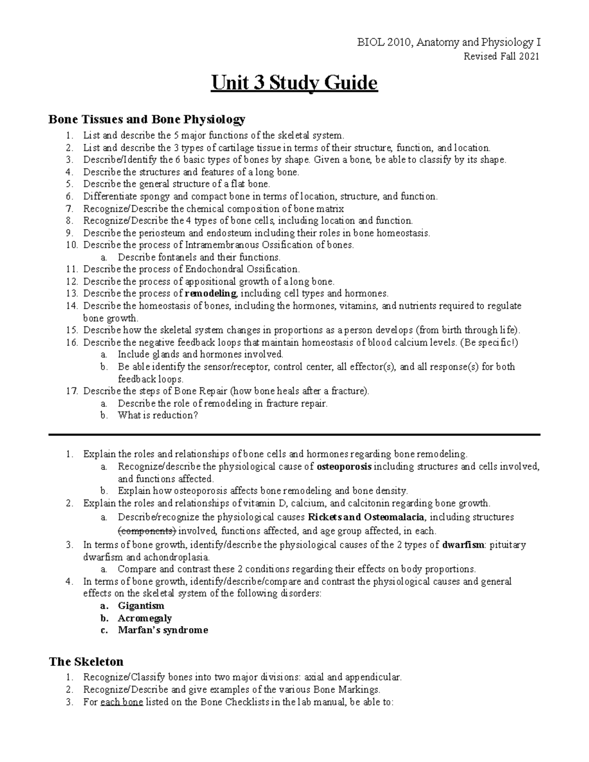 BIOL 2010 Unit 3 Study Guide: Bone Tissues and Physiology - BIOL 2010 ...