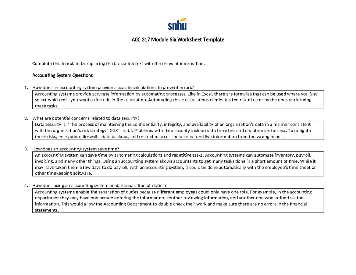 ACC 317 Module Six Worksheet - Accounting System Questions How does an ...
