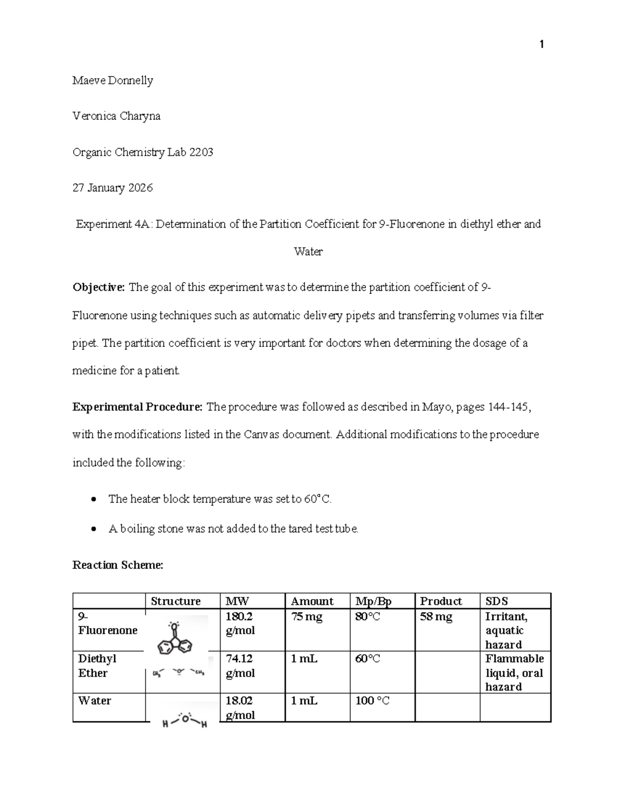 Chem 2203 Organic Chemistry Lab Report: Partition Coefficient ...