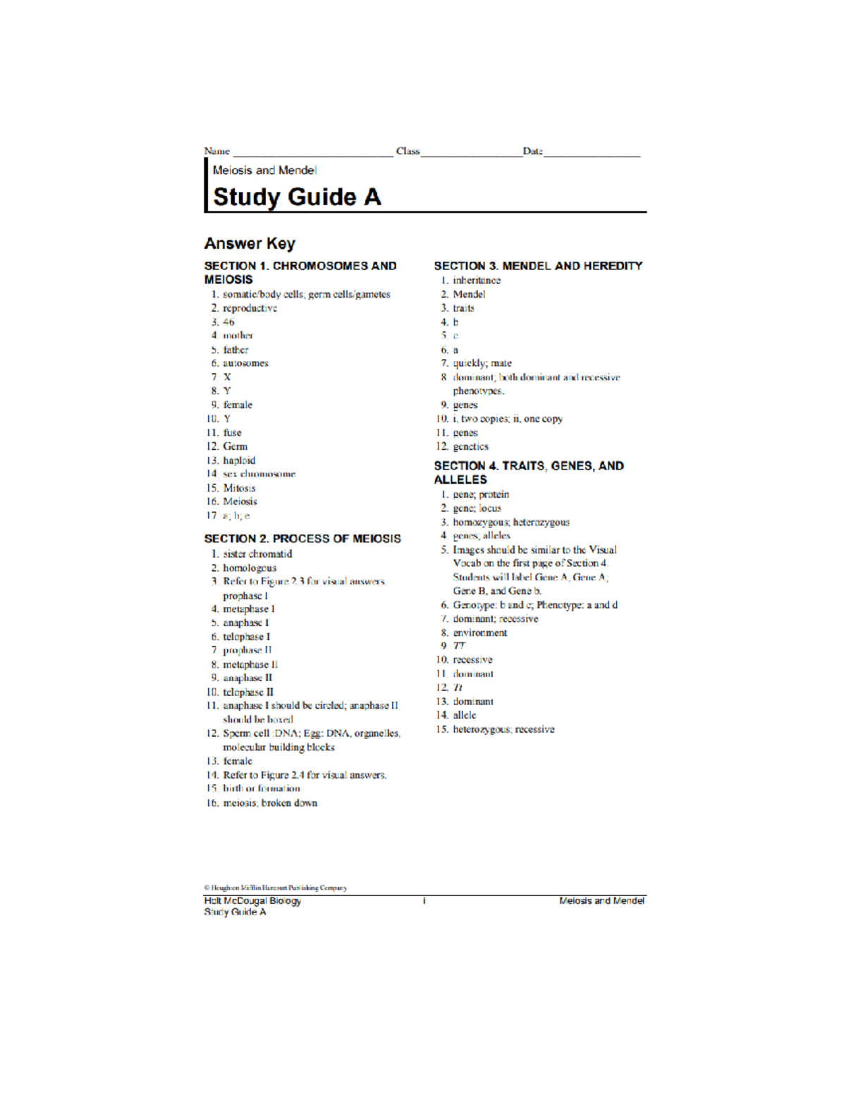 Study Guide Unit 2 Chapter 6 - Name Class Date Meiosis and Mendel Study Guide A Answer Key ...