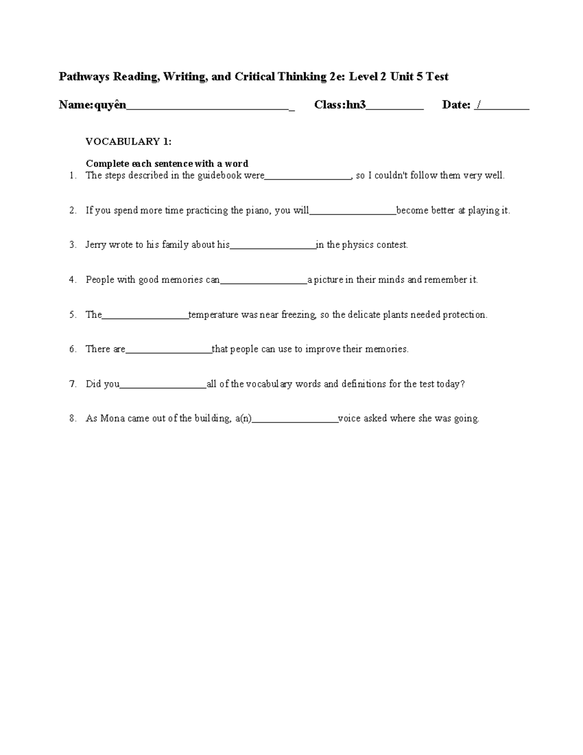 Pathways RW2 2e Unit 5 Test: Vocabulary and Reading Practice - Studocu