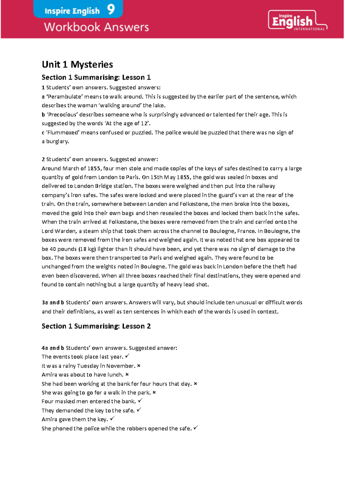Inspire English Y9 Workbook: Answers for Units 1-8 Activities - Studocu
