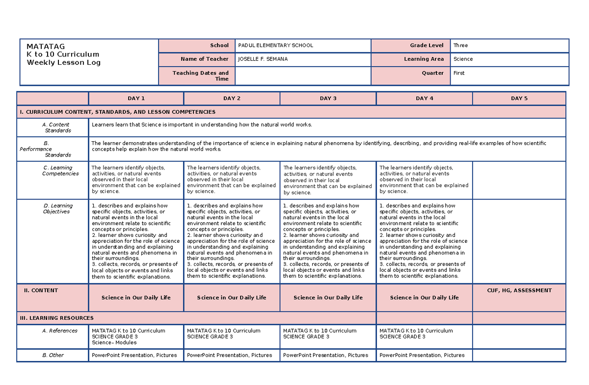 Science Q1 W1-1: Weekly Lesson Log for Grade 3 at Padul Elementary ...