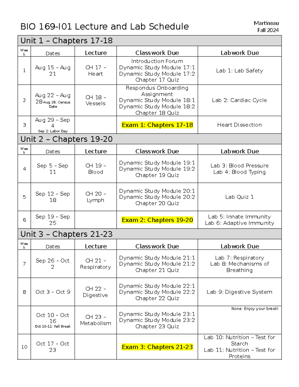 BIO 169 I01 FA2024 Lecture & Lab Schedule by Krystal Martineau - Studocu