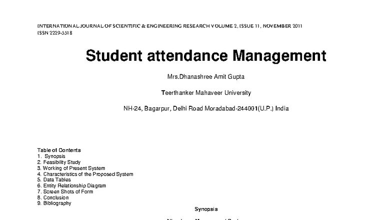 Attendance Management System Overview - IJSER 2011 - Studocu