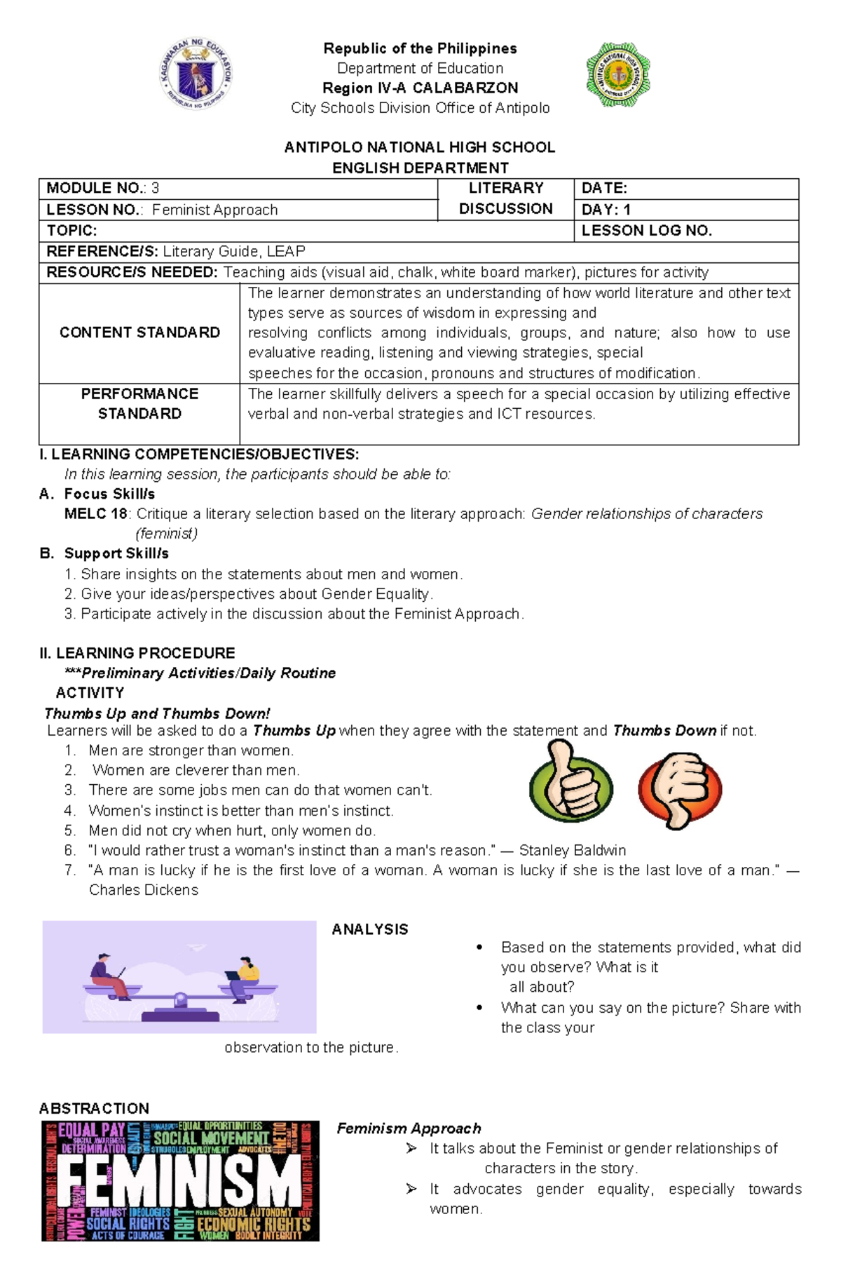English 10: Module 3 - Feminist Approach to Literary Critique - Studocu