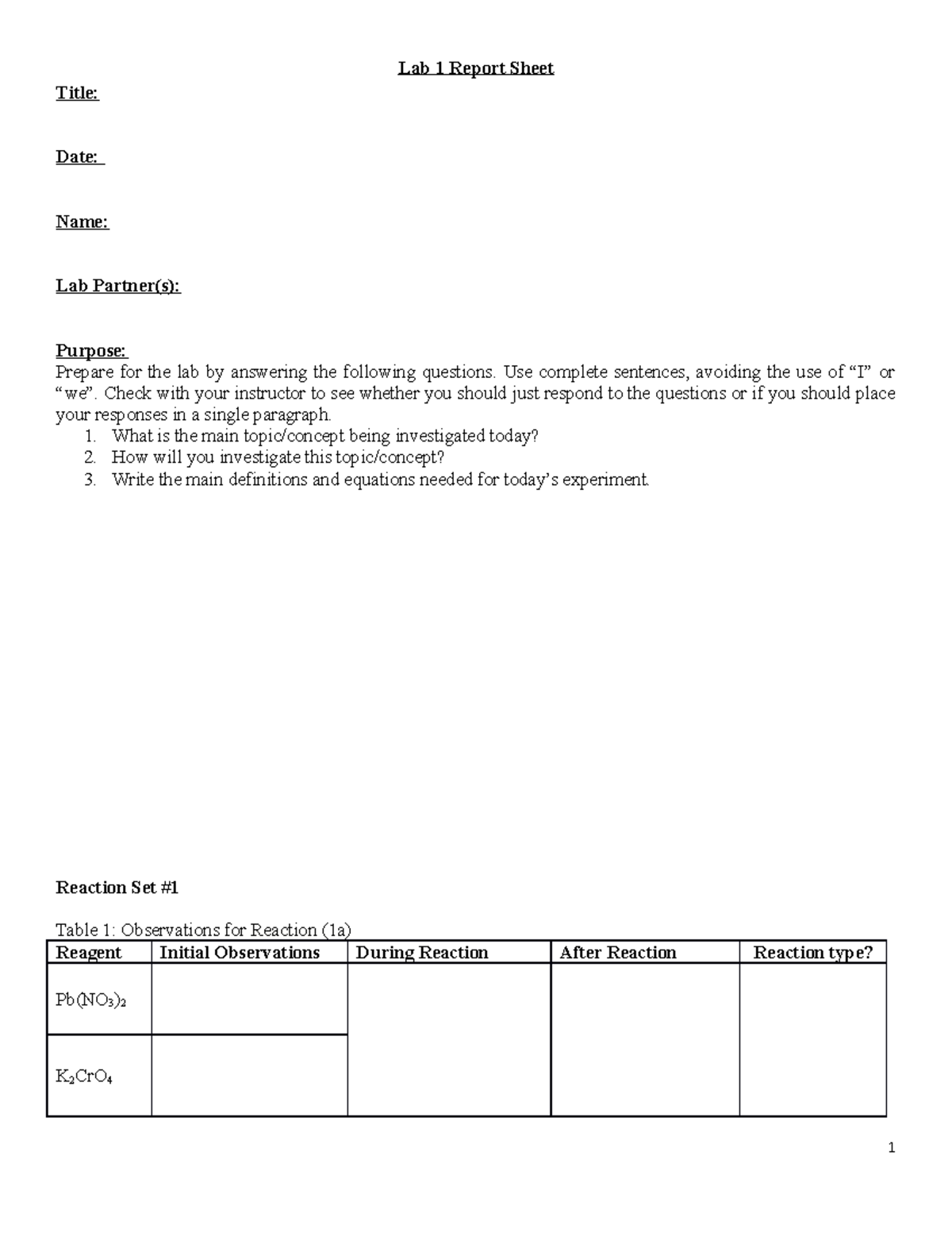 CHEM 1211K - Observing Chemical Reactions Report Sheet - Lab 1 Report ...
