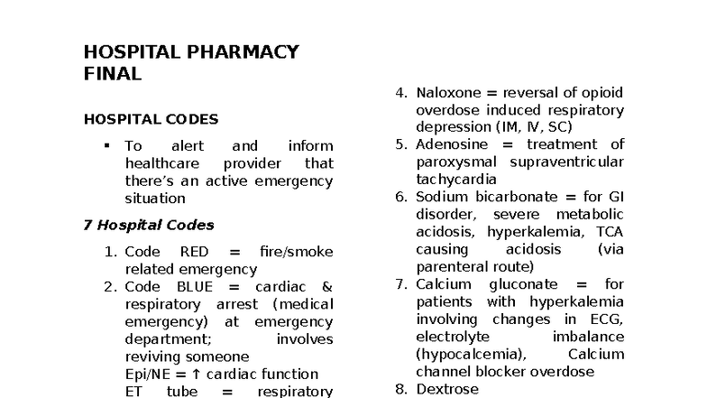 HOSP 301 Final Exam Study Guide: Hospital Pharmacy Codes & Drugs - Studocu