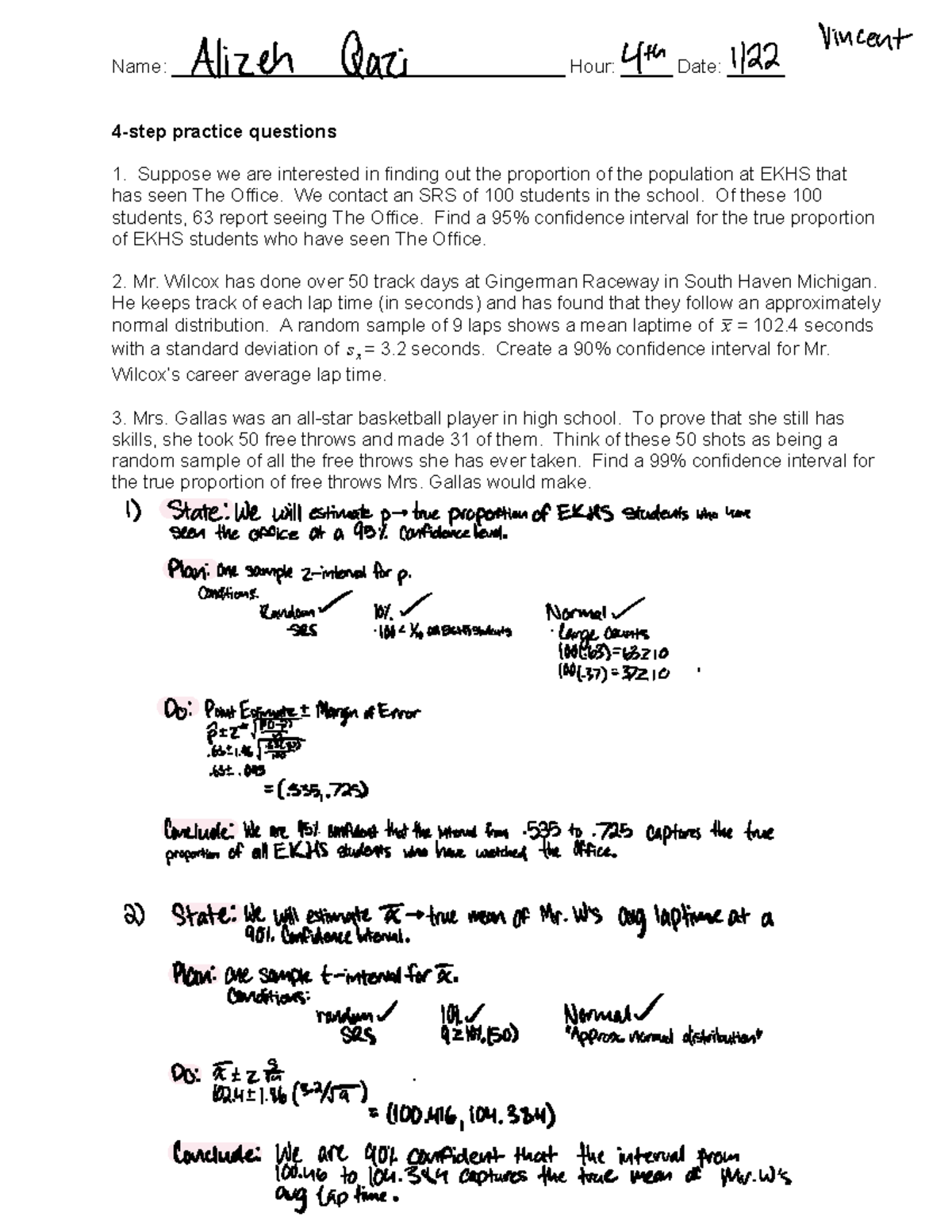 Ch. 8 - 4-Step Confidence Interval Practice Questions - Studocu