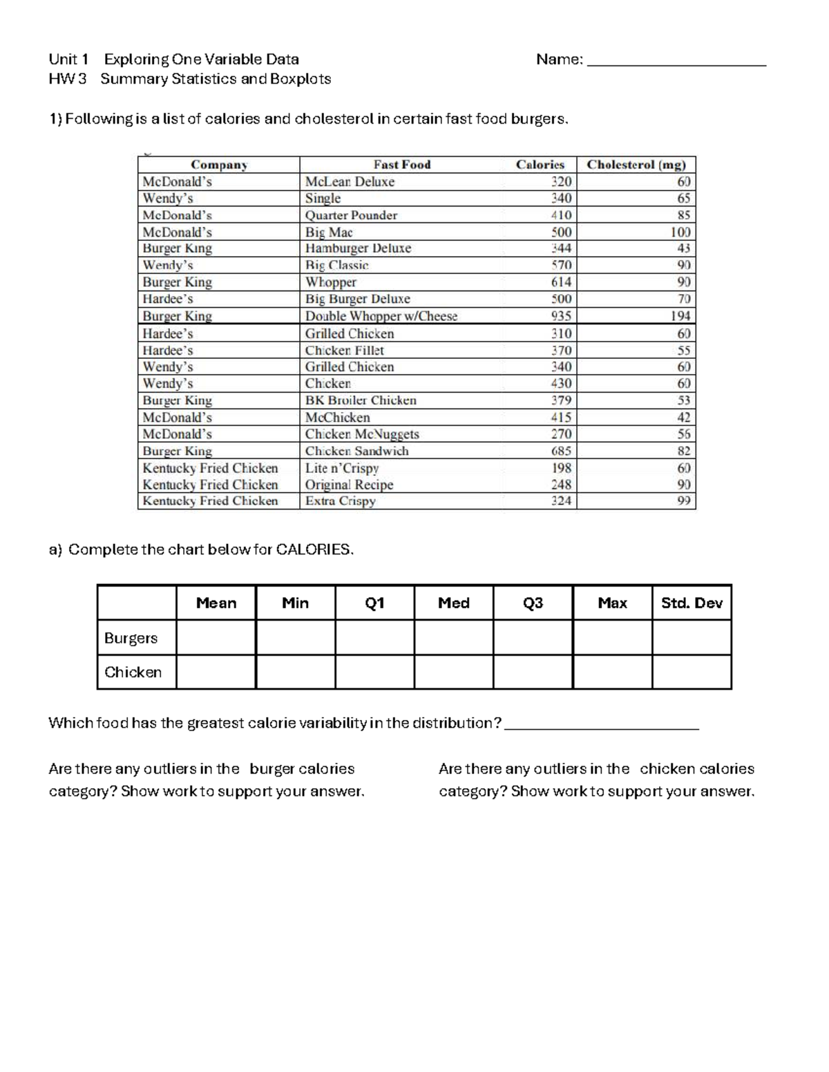 HW 3.0 - Summary Stats & Boxplots for Burgers and Chicken Data - Studocu