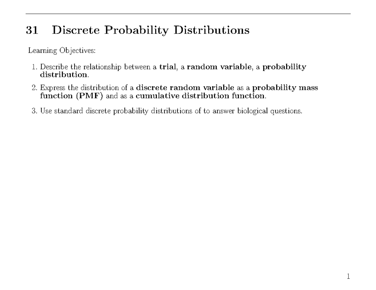 Math 155 Lecture 31: Discrete Probability Distributions Notes - Studocu