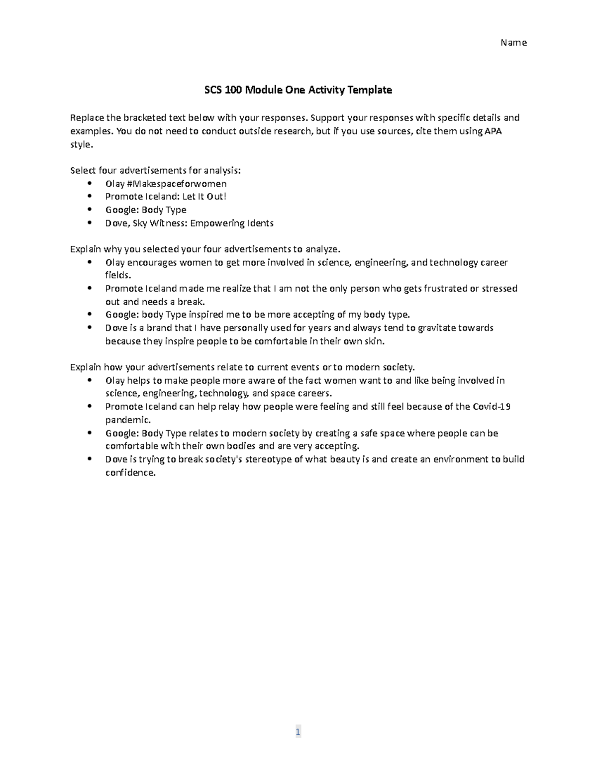 SCS 100 Module 1 Activity: Analyzing Advertisements for Impact - Studocu