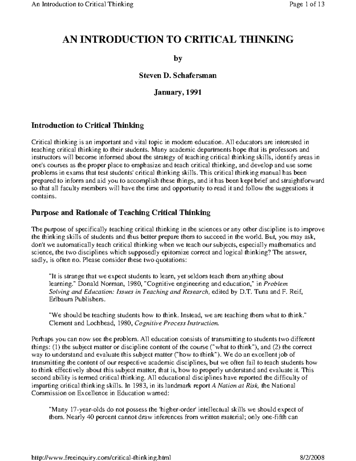 Introduction to Critical Thinking Skills: A Guide for Educators - Studocu