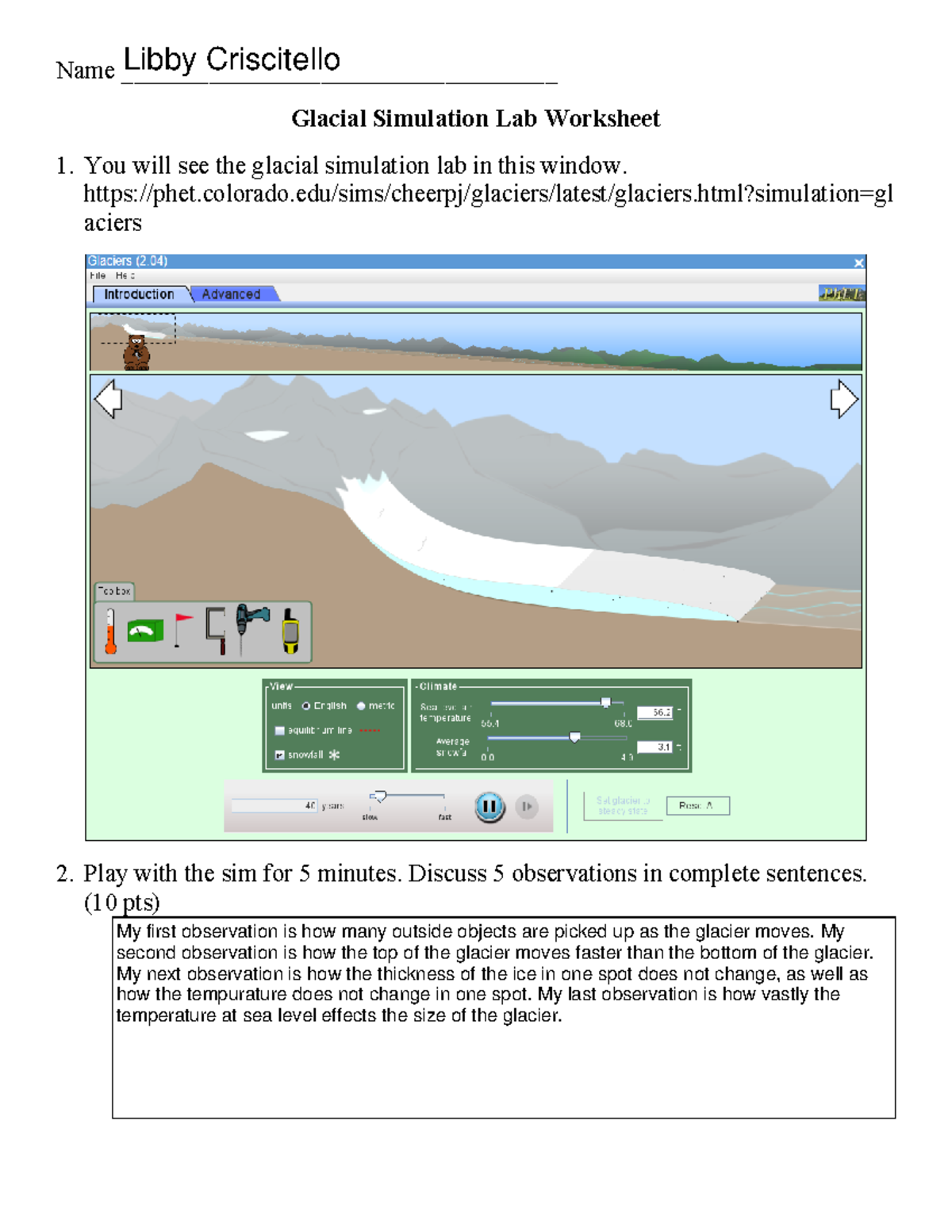 Glacial Simulation Lab Worksheet - Wednesday Assignment (GLACI 101 ...