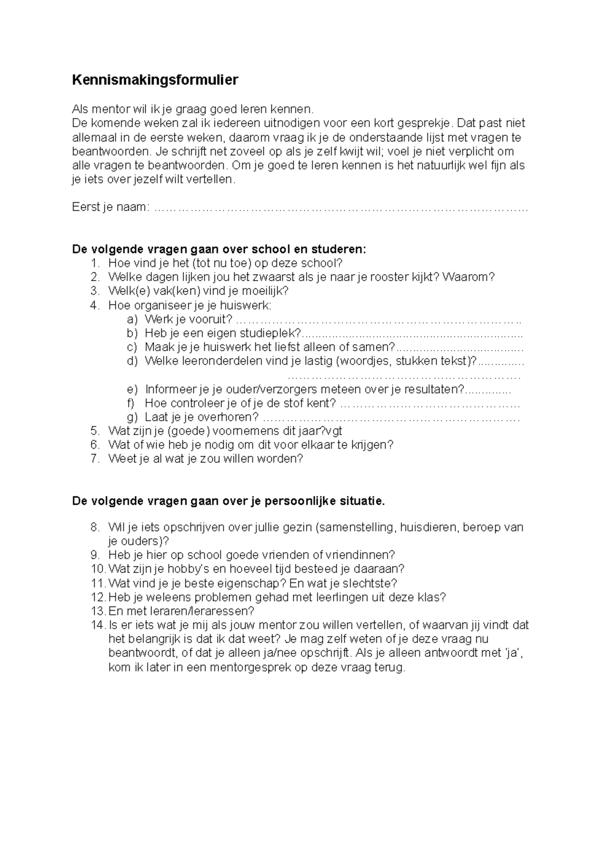Kennismakingsformulier voor Mentorgesprekken: Leer Jezelf Kennen ...