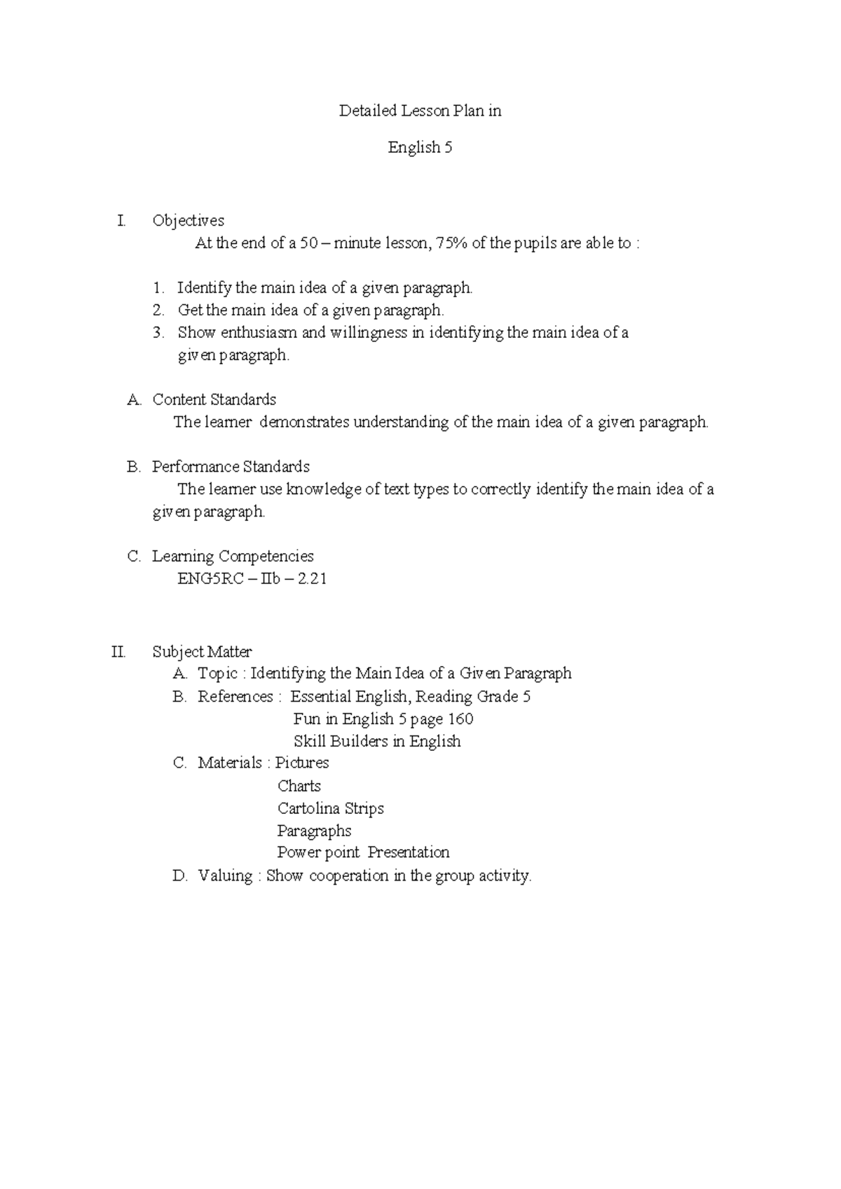 521234499 Detailed Lesson Plan: Identifying Main Ideas in English 5 ...