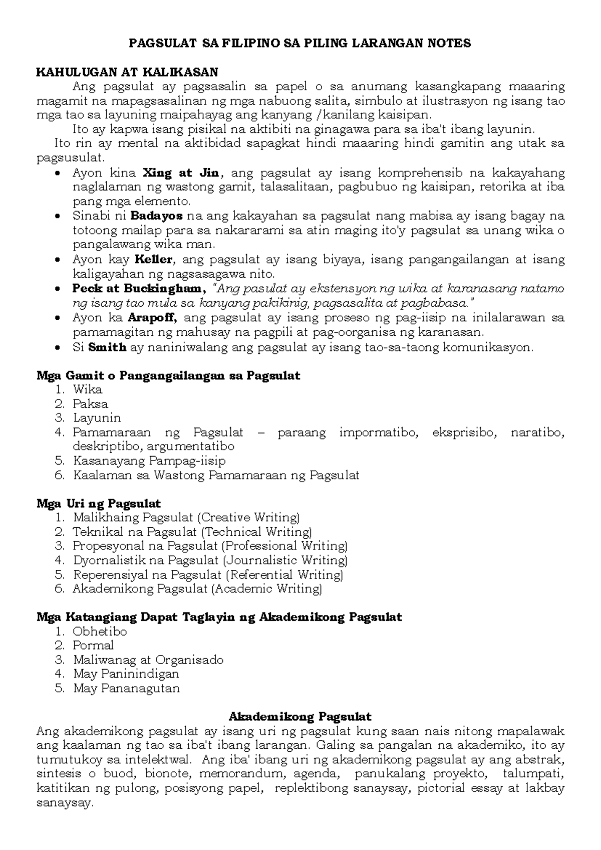 Pagsulat SA Filipino SA Piling Larangan Notes - PAGSULAT SA FILIPINO SA ...