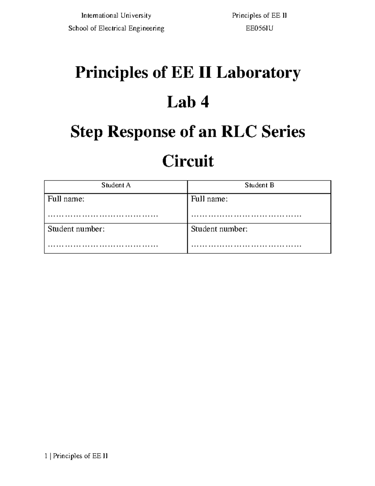 EE2 Lab 4 - Step Response Analysis of RLC Series Circuit - Studocu