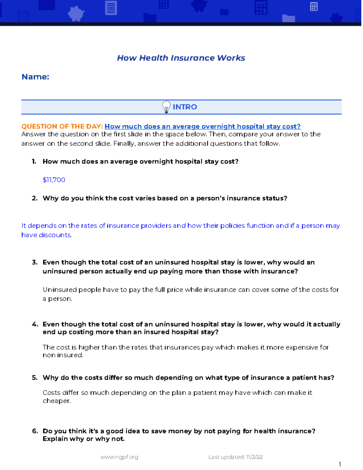 How Health Insurance Works: Student Activity Packet (INTRO) - Studocu