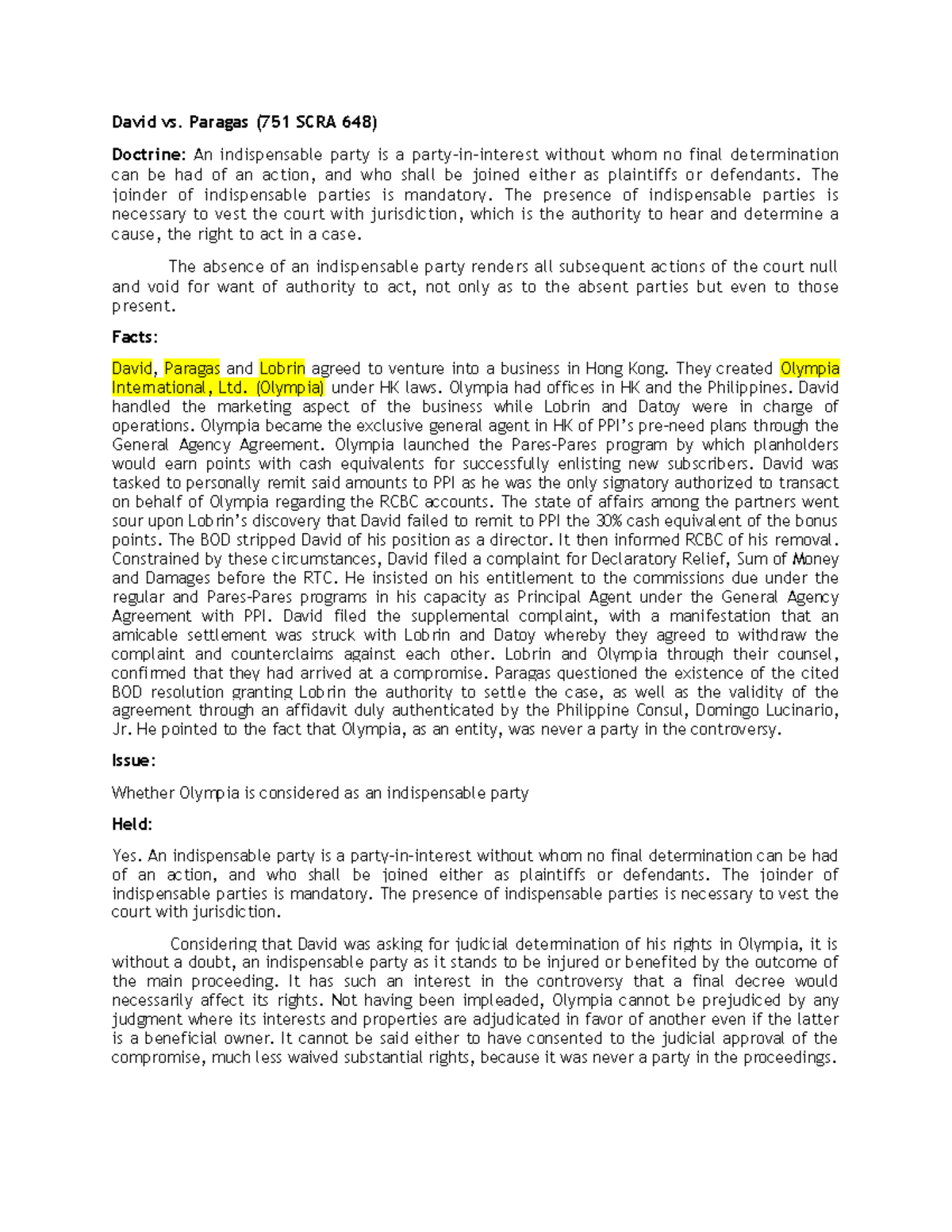 385925333 David v Paragas - David vs. Paragas (751 SCRA 648) Doctrine ...