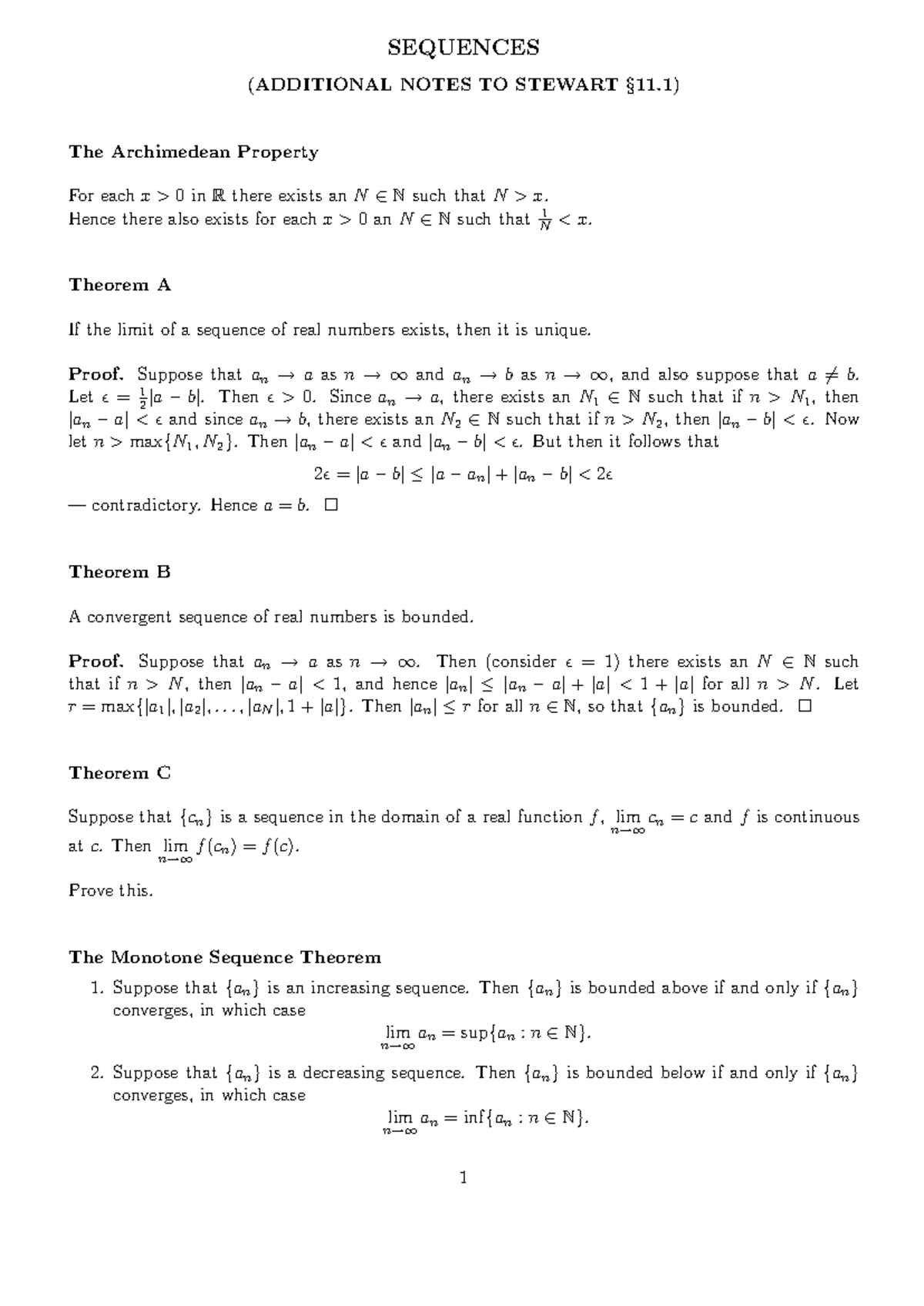 SEQUENCES (ADDITIONAL NOTES) - The Archimedean Property & Theorems ...