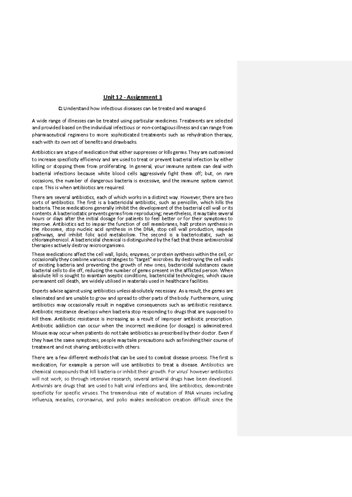 Unit 12 - Assignment 3: Management and Treatment of Infectious Diseases - Studocu