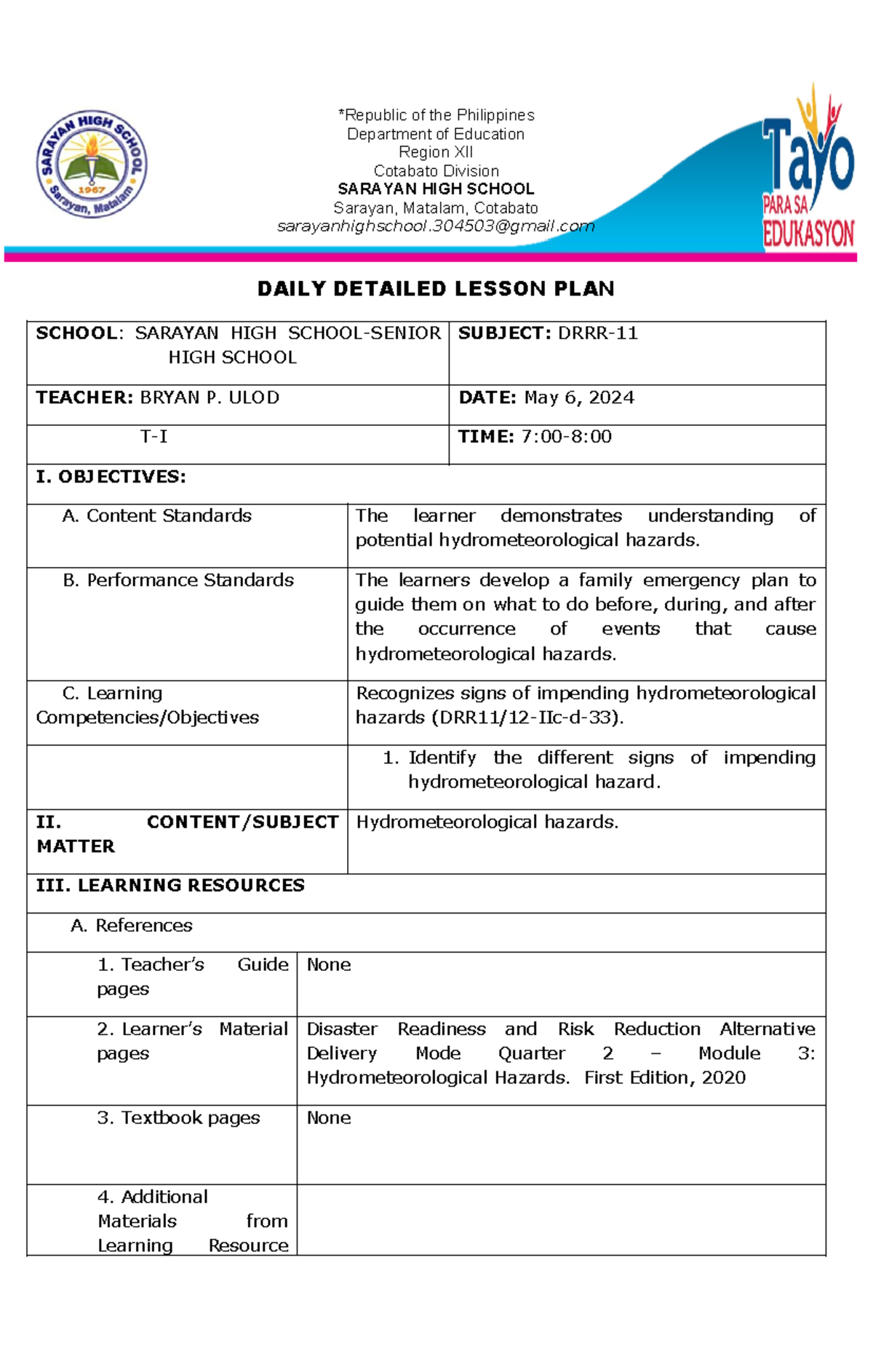DRRR-CO-3: Daily Detailed Lesson Plan on Hydrometeorological Hazards ...