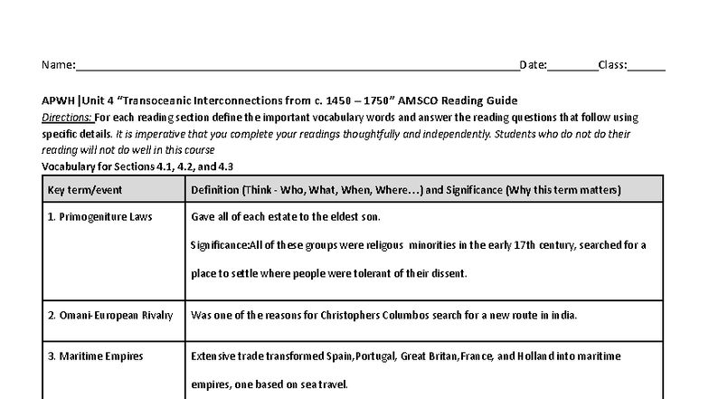 Unit 4 AMSCO Reading Guide: Key Concepts and Vocabulary (c. 1450) - Studocu
