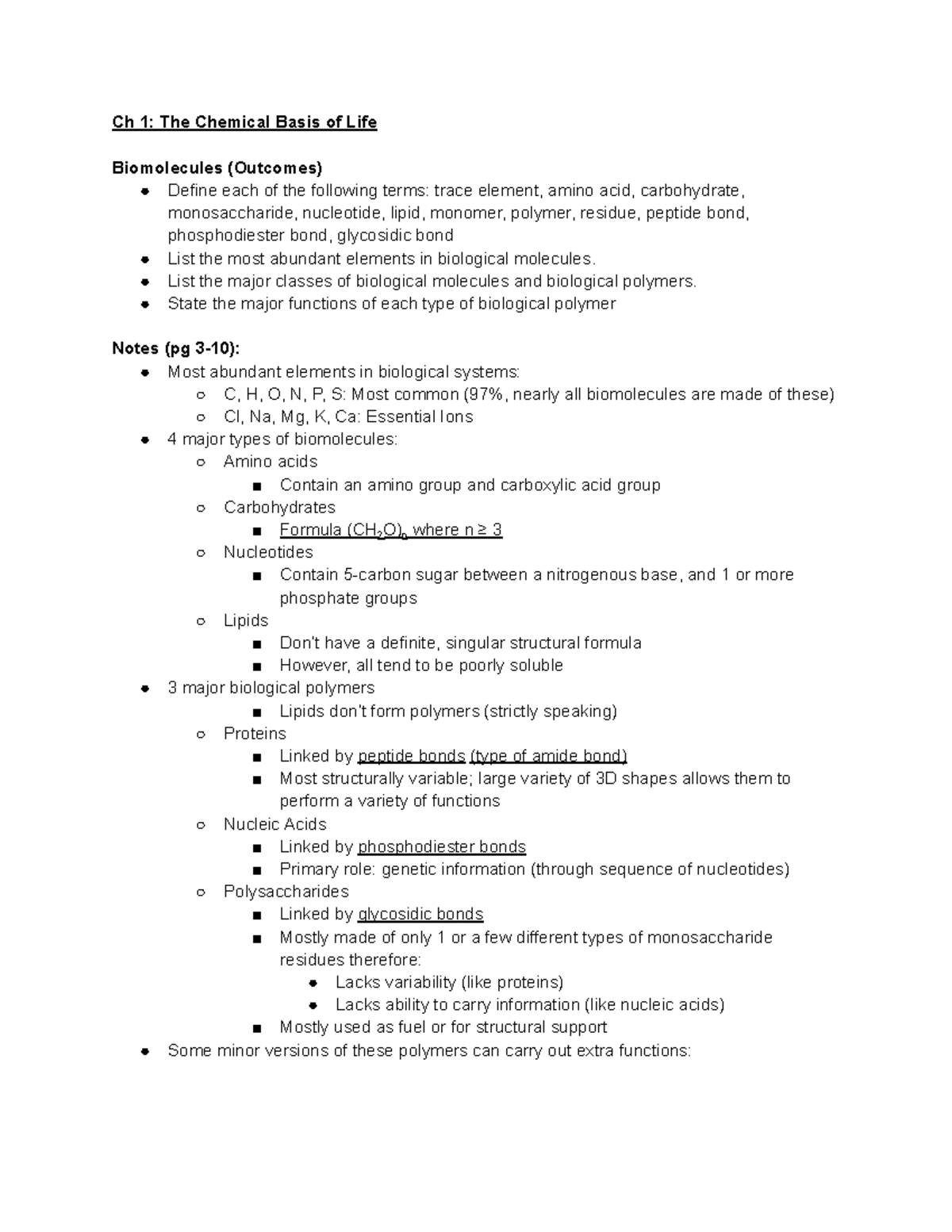 Biochem Notes Midterm 1: The Chemical Basis of Life and Biomolecules ...