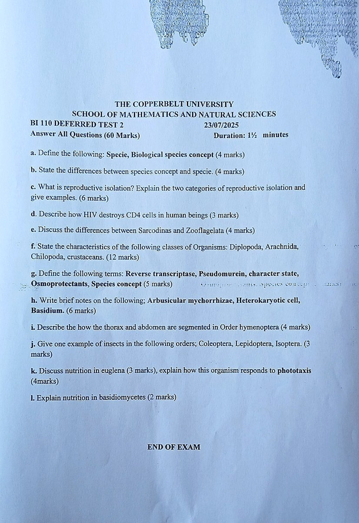 BI 110 Deferred Test 2 - School of Mathematics & Natural Sciences - Studocu