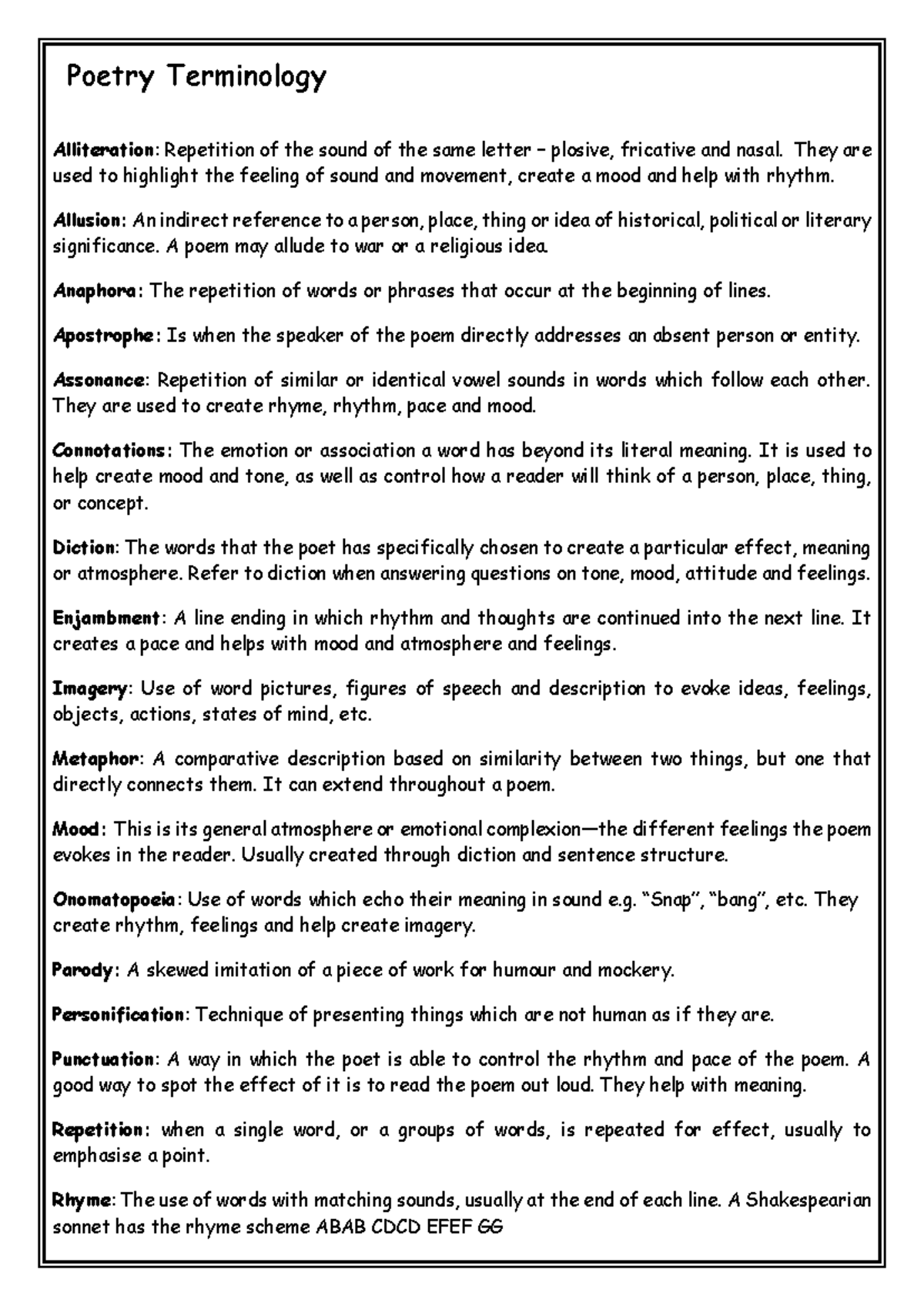 Poetry Terminology Study Guide for Grades 9-11 Students - Studocu