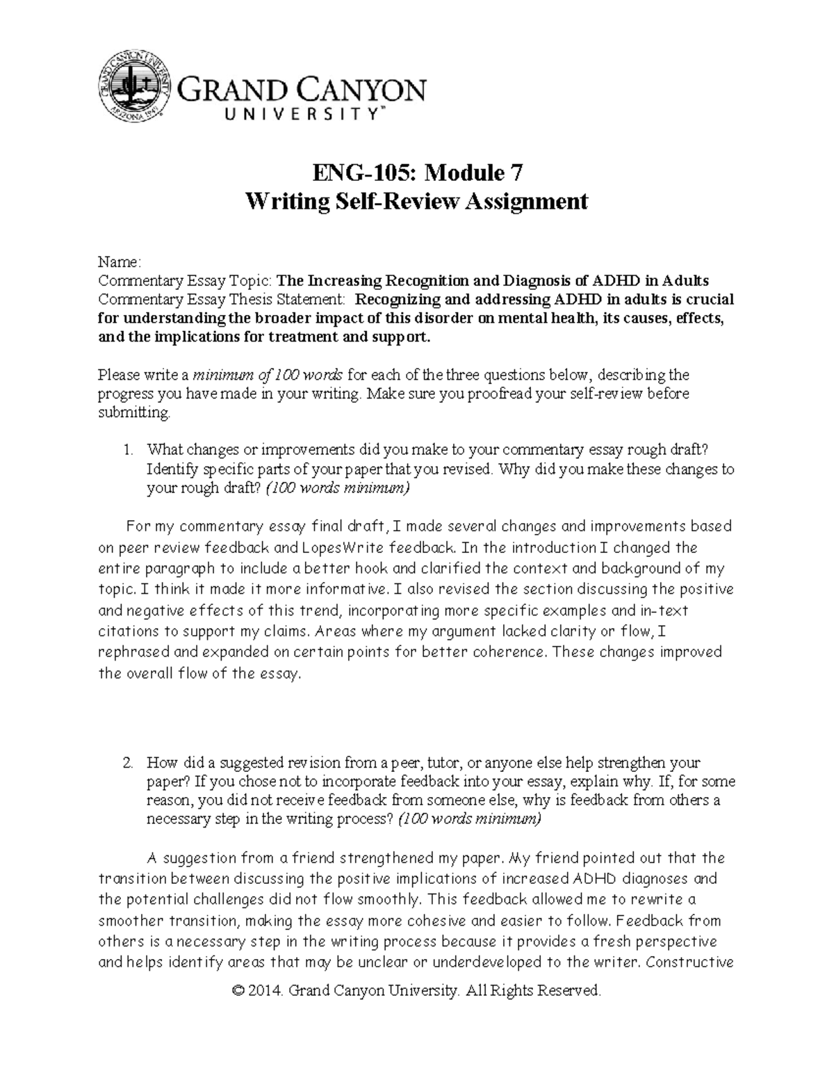 Self Review Assignment - ENG-105: Module 7 Writing Self-Review ...