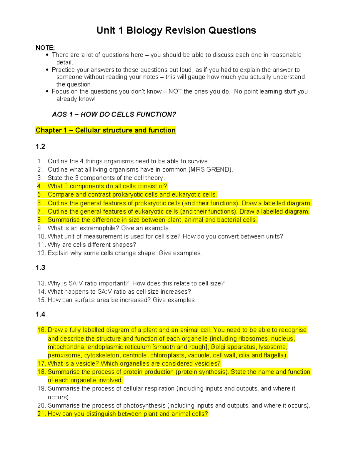 Unit 1 Biology Revision Questions - Unit 1 Biology Revision Questions ...