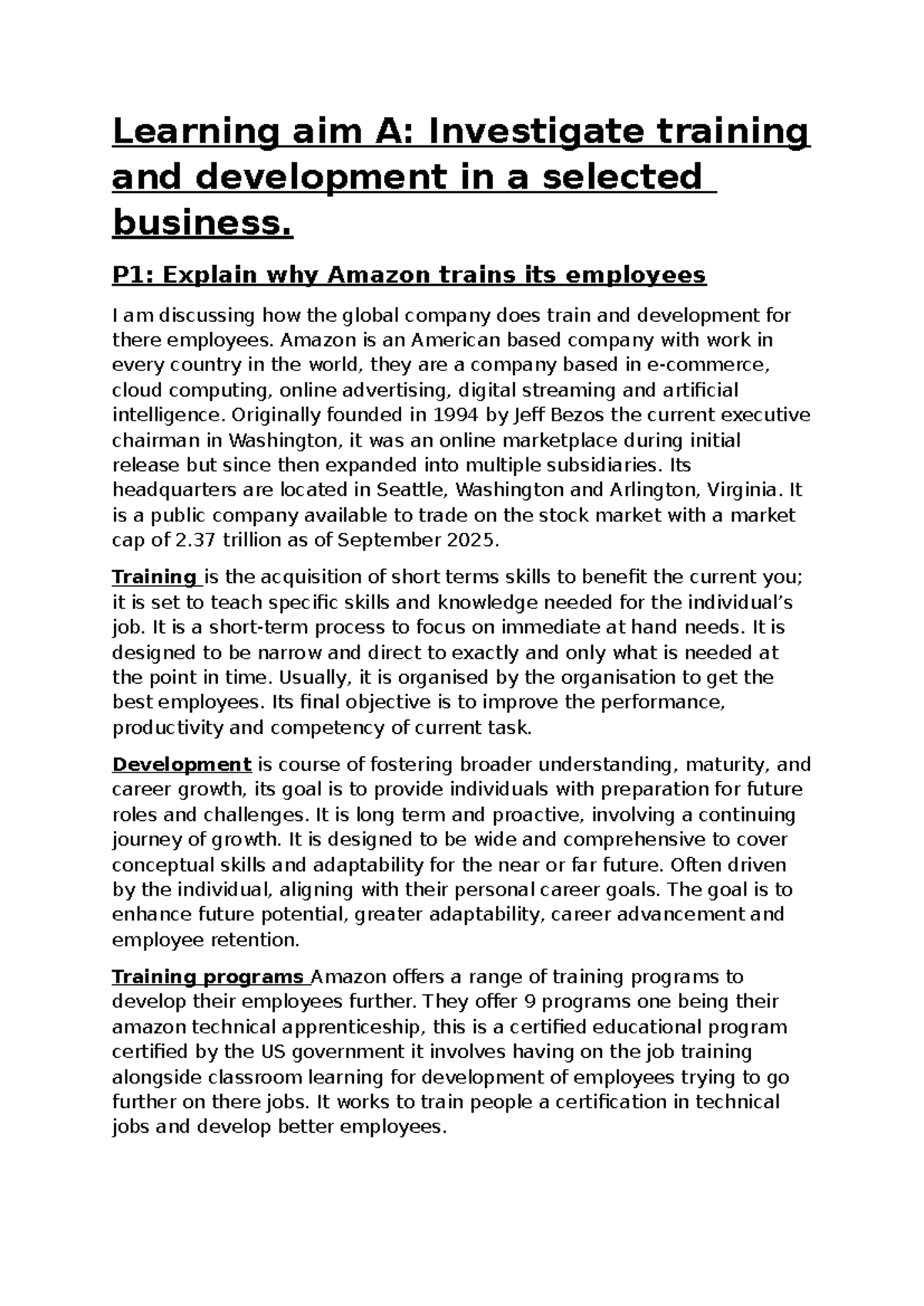 BTEC Business UNIT 21: Learning Aim A - Training & Development at ...