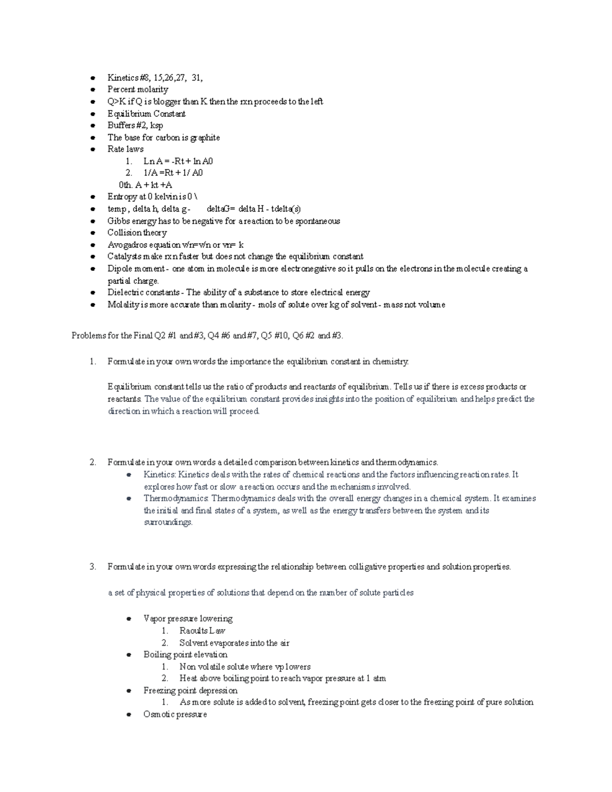 Chem 15 Final Exam Notes: Kinetics, Equilibrium, and Thermodynamics ...