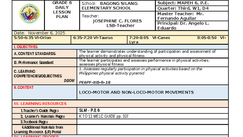GRADE 6 MAPEH 6 Q3 W1 DAILY LESSON PLAN: PE Movements - Studocu