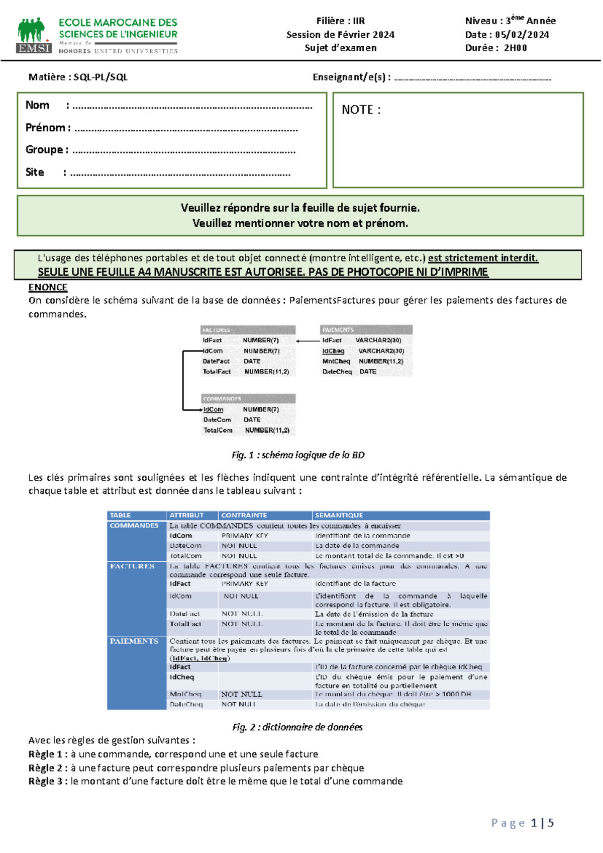 Examen 3IIR - Sujet PL/SQL Février 2024 - Durée 2h - Studocu
