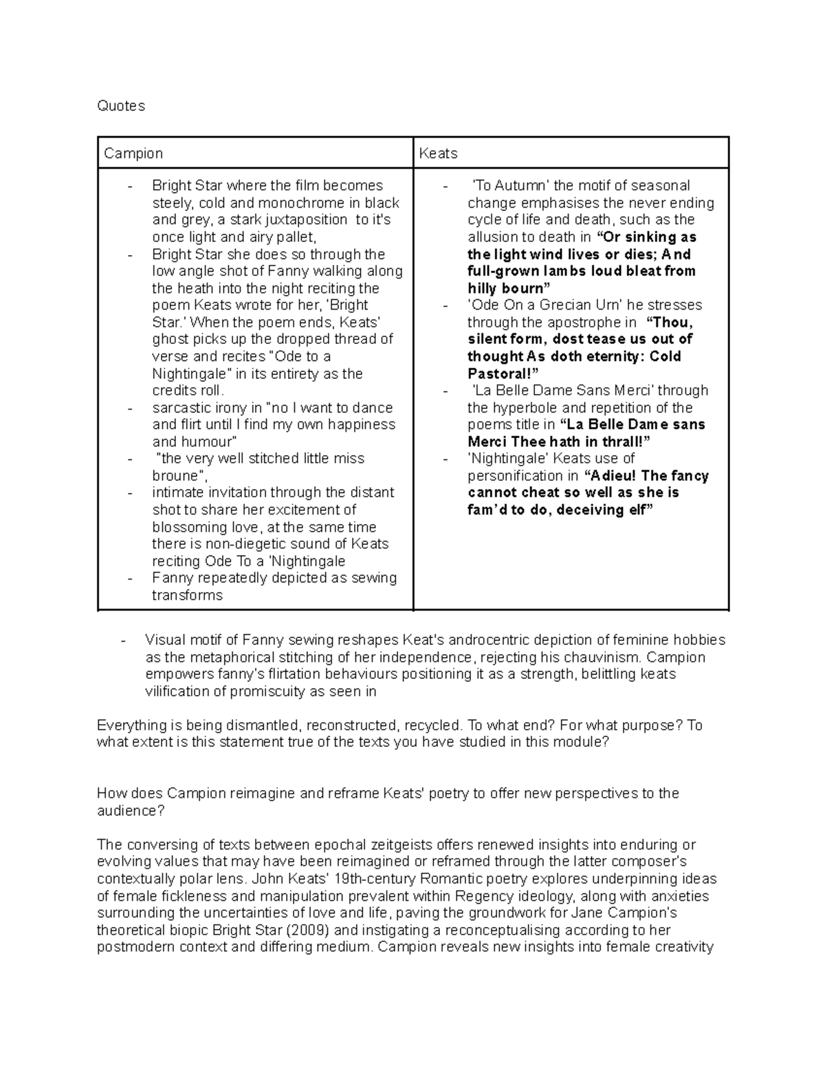 MOD A Revision - Keats and Campion's Bright Star Analysis - Studocu