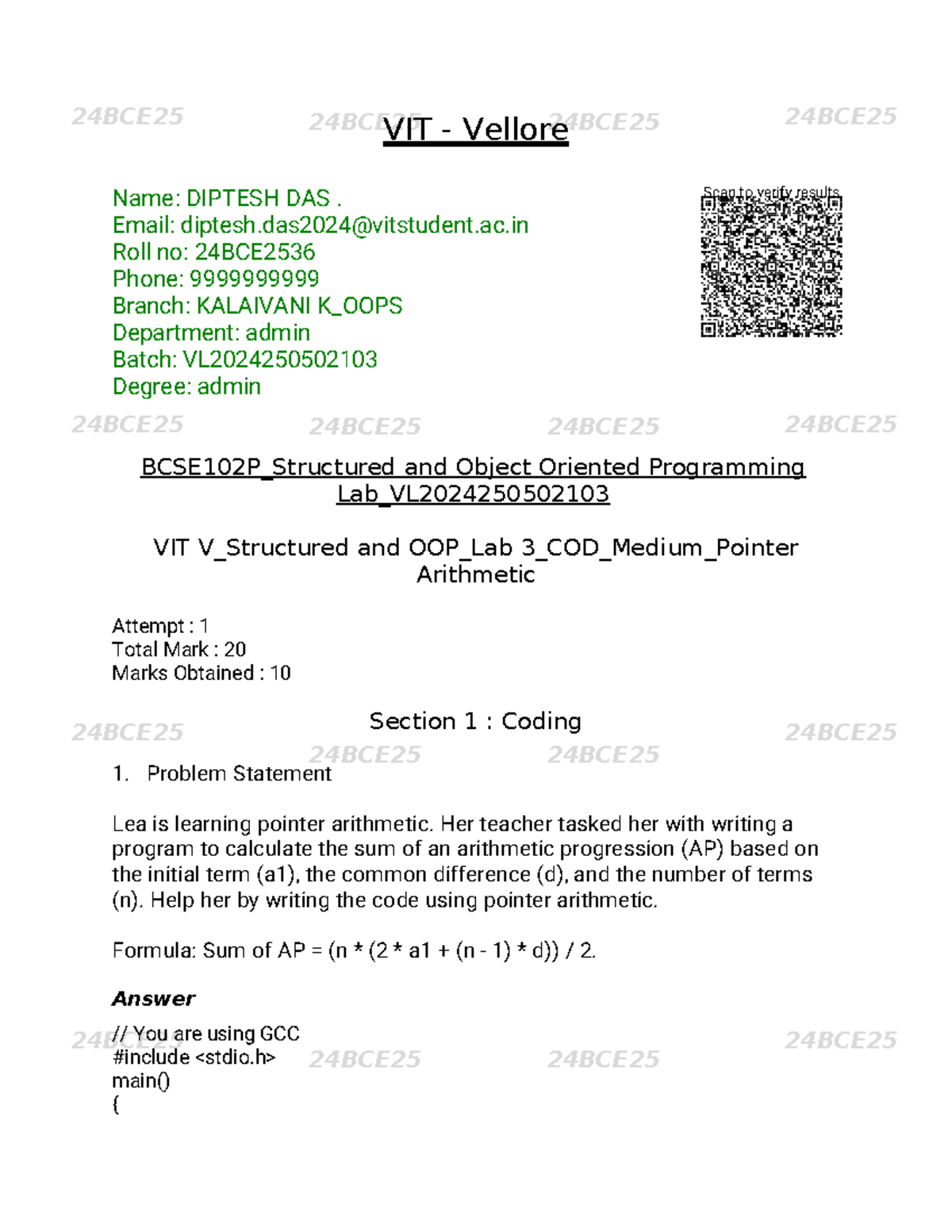 BCSE102P Lab 3: Pointer Arithmetic Coding Exercise - VIT - Studocu