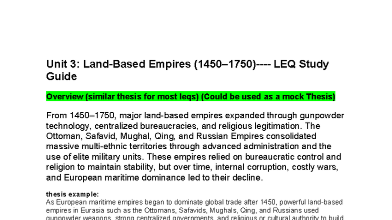 Unit 3: Empires LEQ Study Guide - Key Themes and Thesis Examples - Studocu