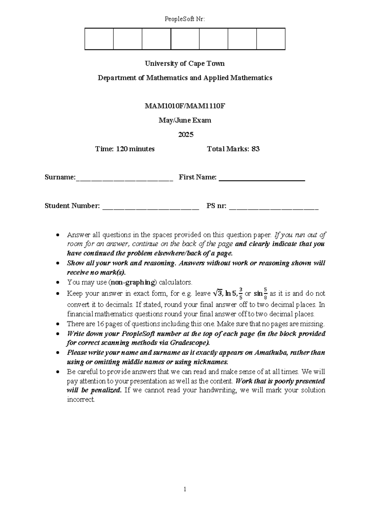 MAM1110F June Exam 2025: PeopleSoft Mathematics Questions - Studocu