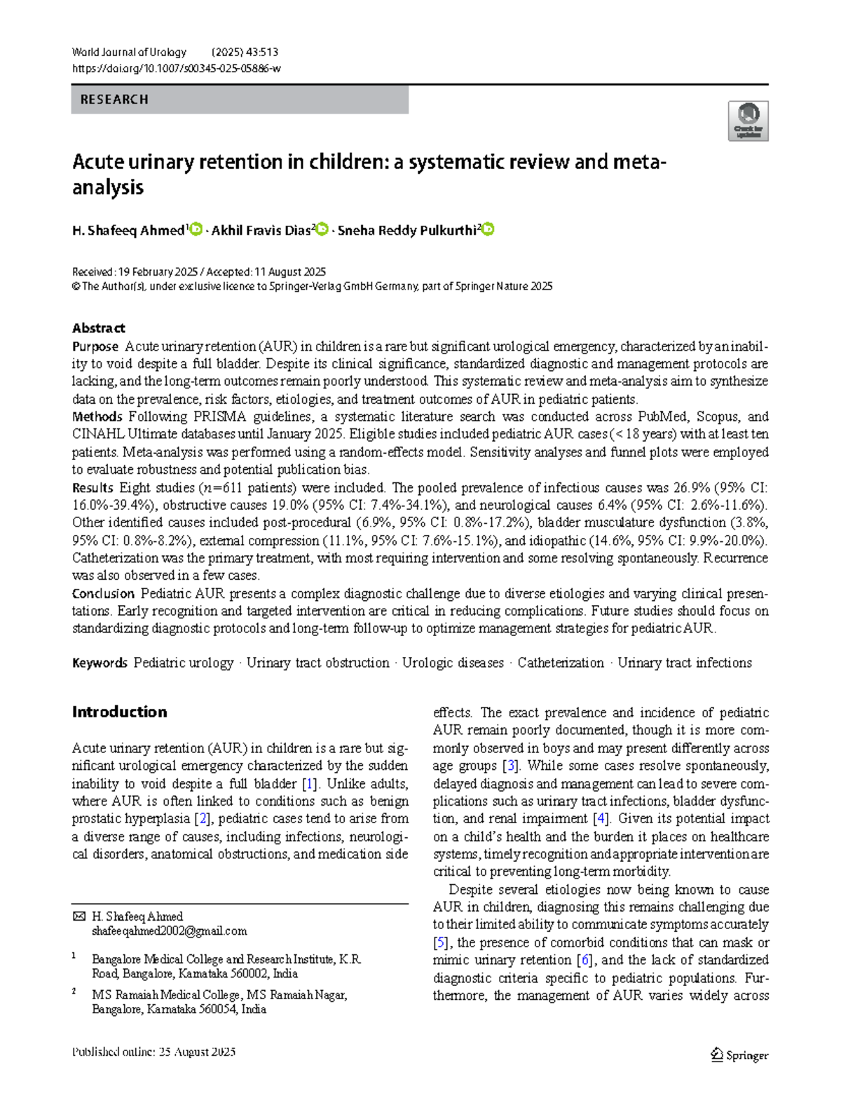 Acute Urinary Retention in Children: A Systematic Review & Meta ...