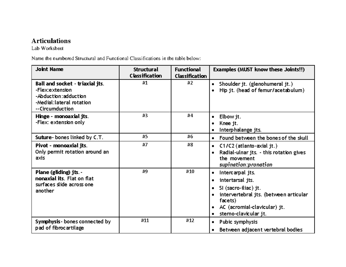 Articulations Lab Worksheet: Joint Classifications & Examples - Studocu