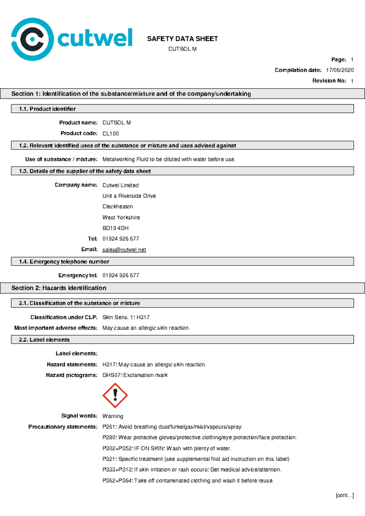 Cutsol M Safety Datasheet - CUTSOL M Page: 1 Compilation date: 17/06/ Revision No: 1 Section 1 ...