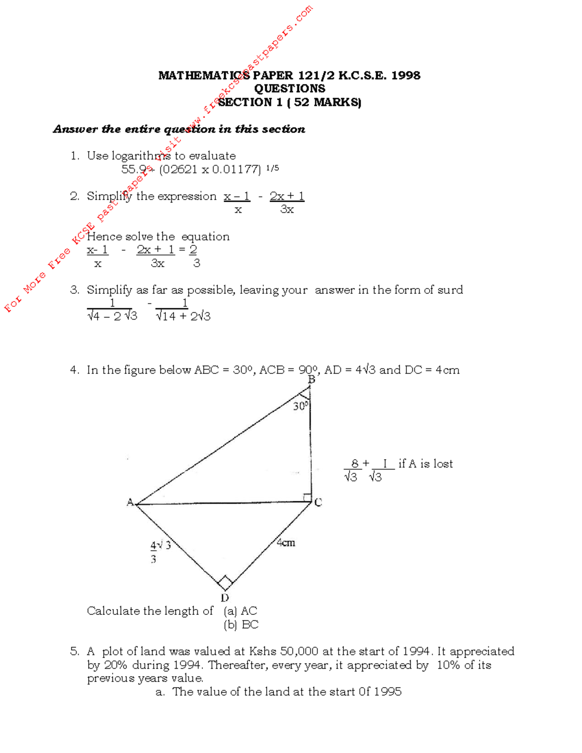 KCSE 1998 Mathematics Paper 2: Past Exam Questions - Studocu
