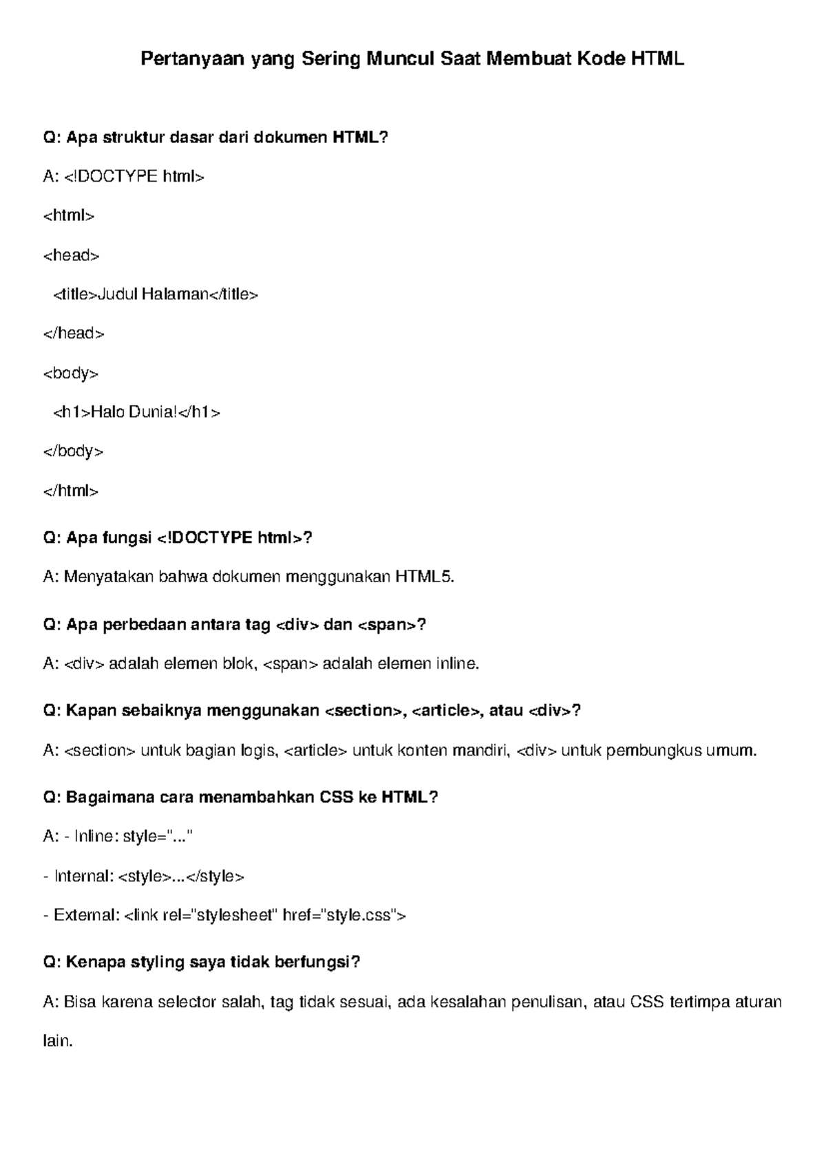 Pertanyaan Umum tentang Kode HTML dan CSS - Q&A - Studocu