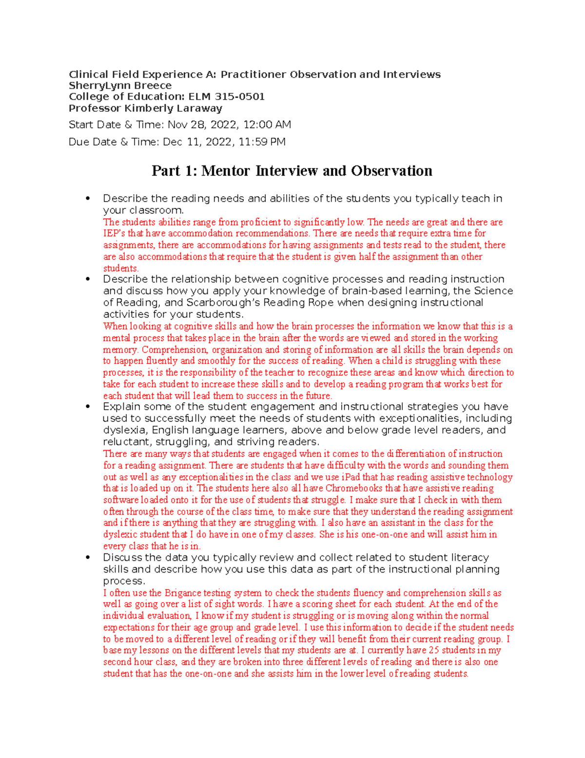 ELM 315-0501 Final Exam: Clinical Field Experience Parts 1 & 2 SLB - Studocu